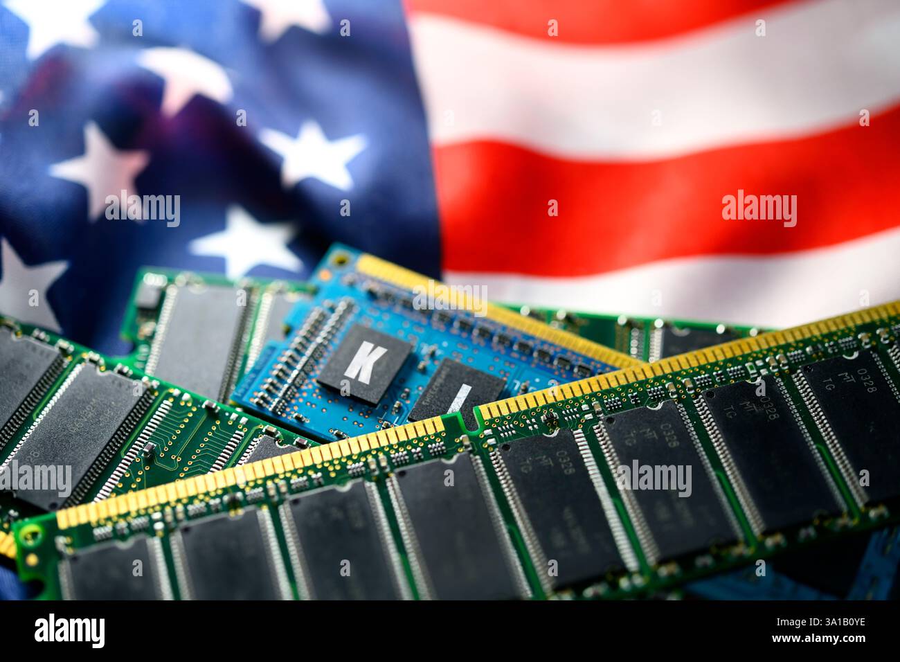 Photomontage, computer chips with AI lettering and USA flag, symbolic ...