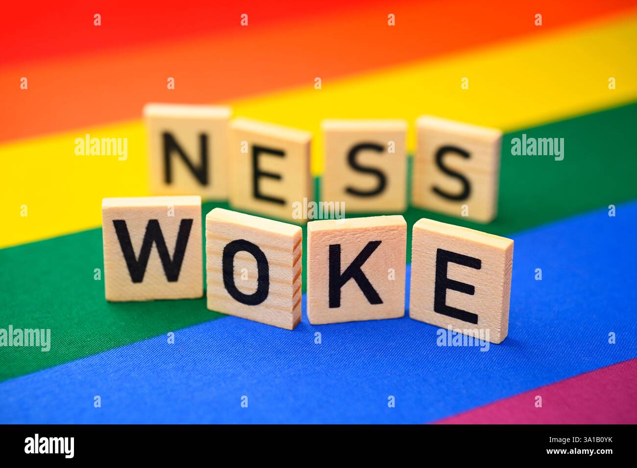 Wokeness lettering on rainbow flag Stock Photo - Alamy