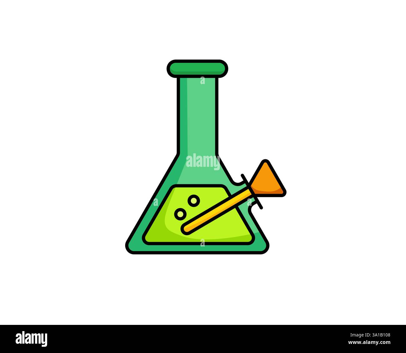Green chemistry flask icon with liquid and orange indicator for science ...