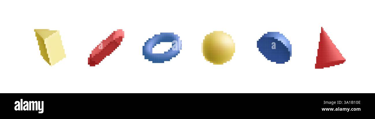Pixel art shapes with colorful geometric 3d objects in different colors ...