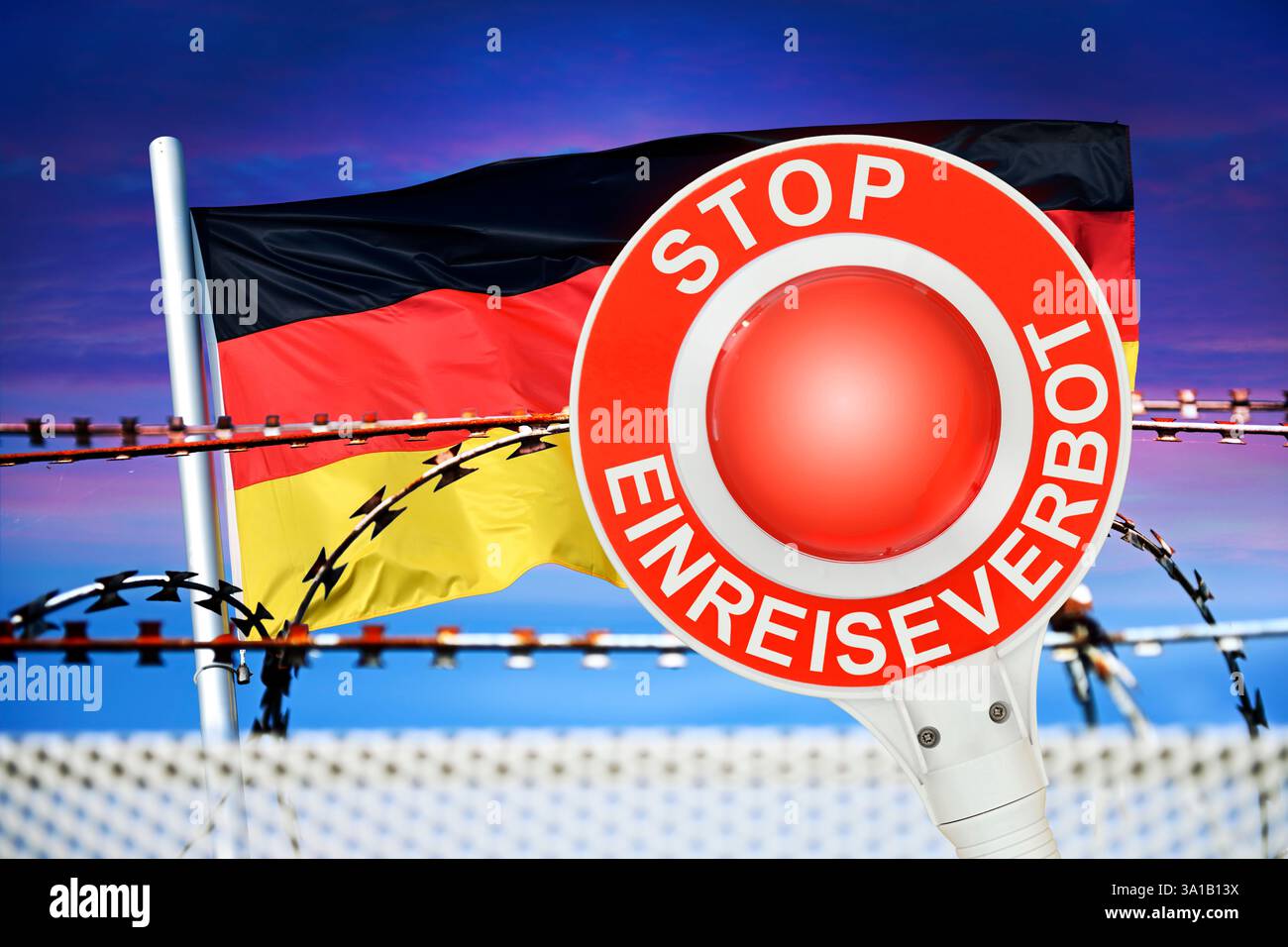 Photomontage, police trowel with the inscription Stop entry ban in ...