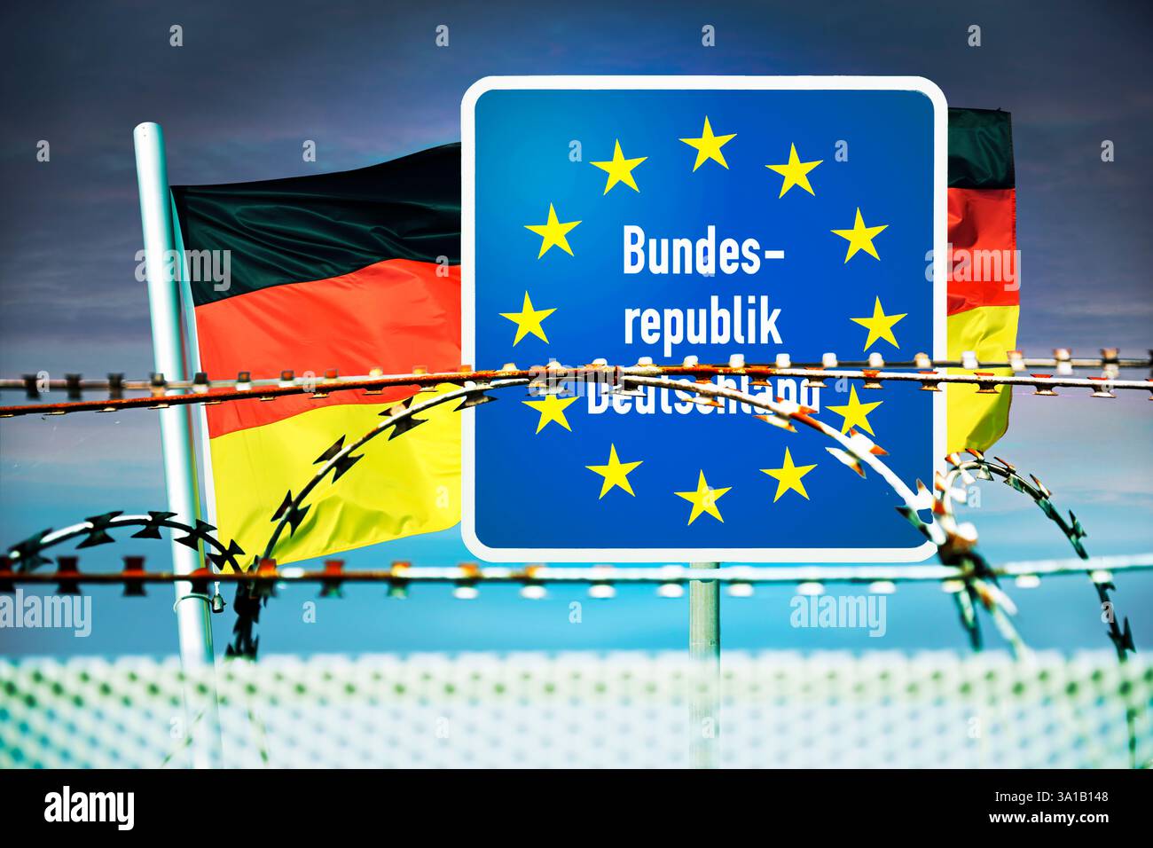 Photomontage, border sign of the Federal Republic of Germany and German ...