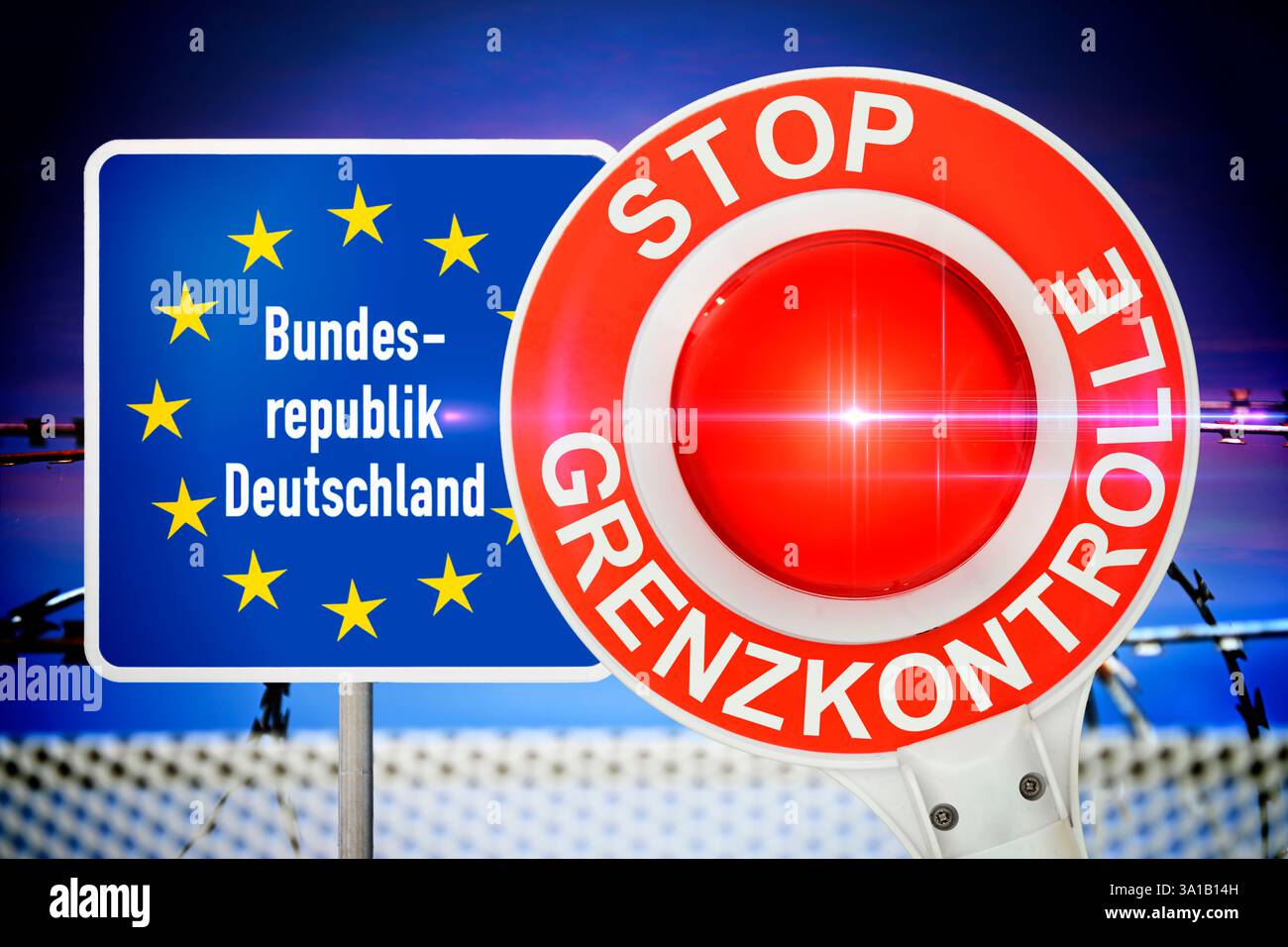 Photomontage, border sign of the Federal Republic of Germany and police ...