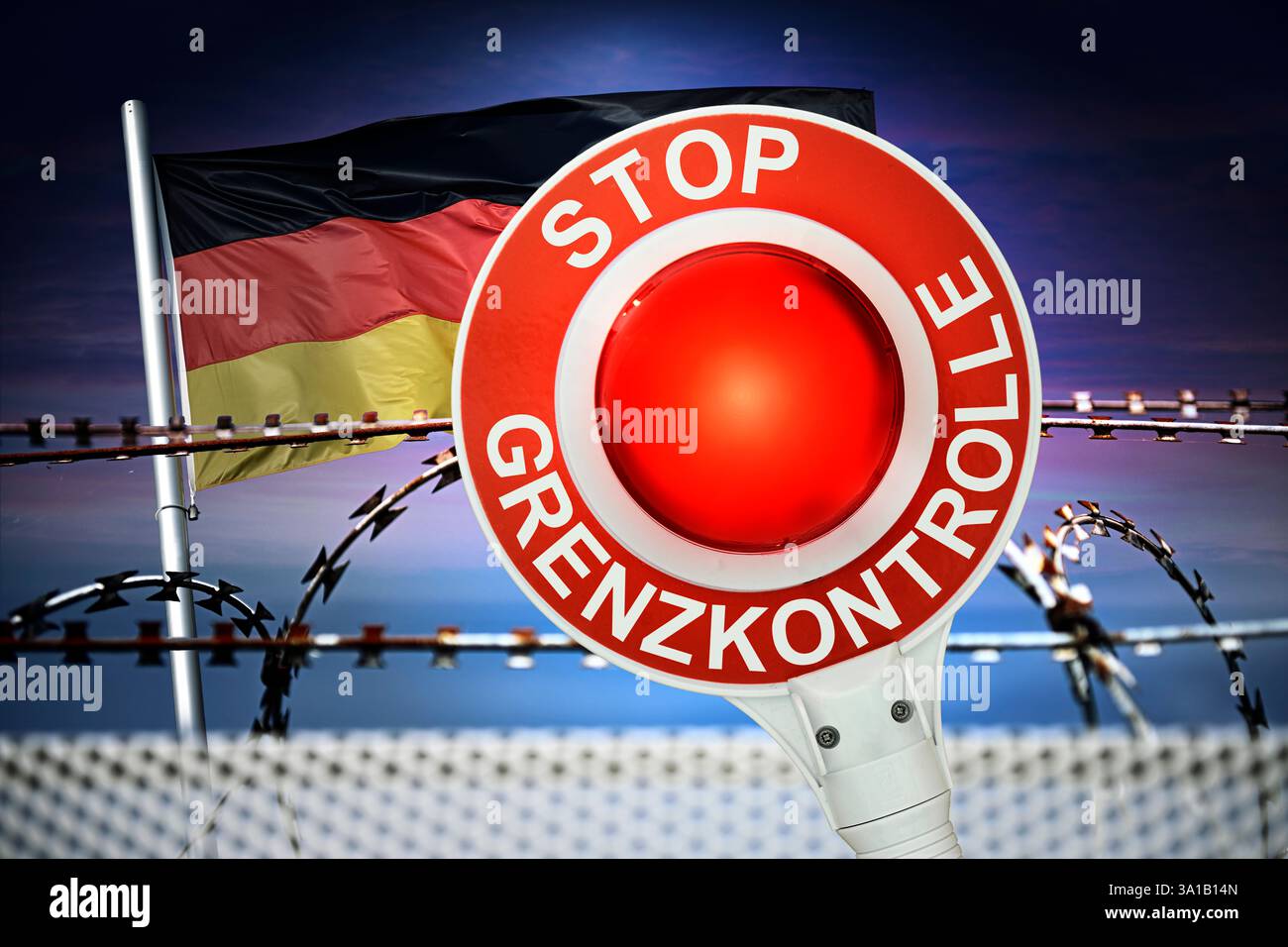 Photomontage, police trowel with the inscription Stop border control ...