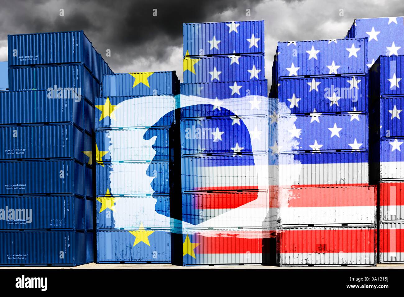 Photomontage, Stacked containers with European and US flags and ...