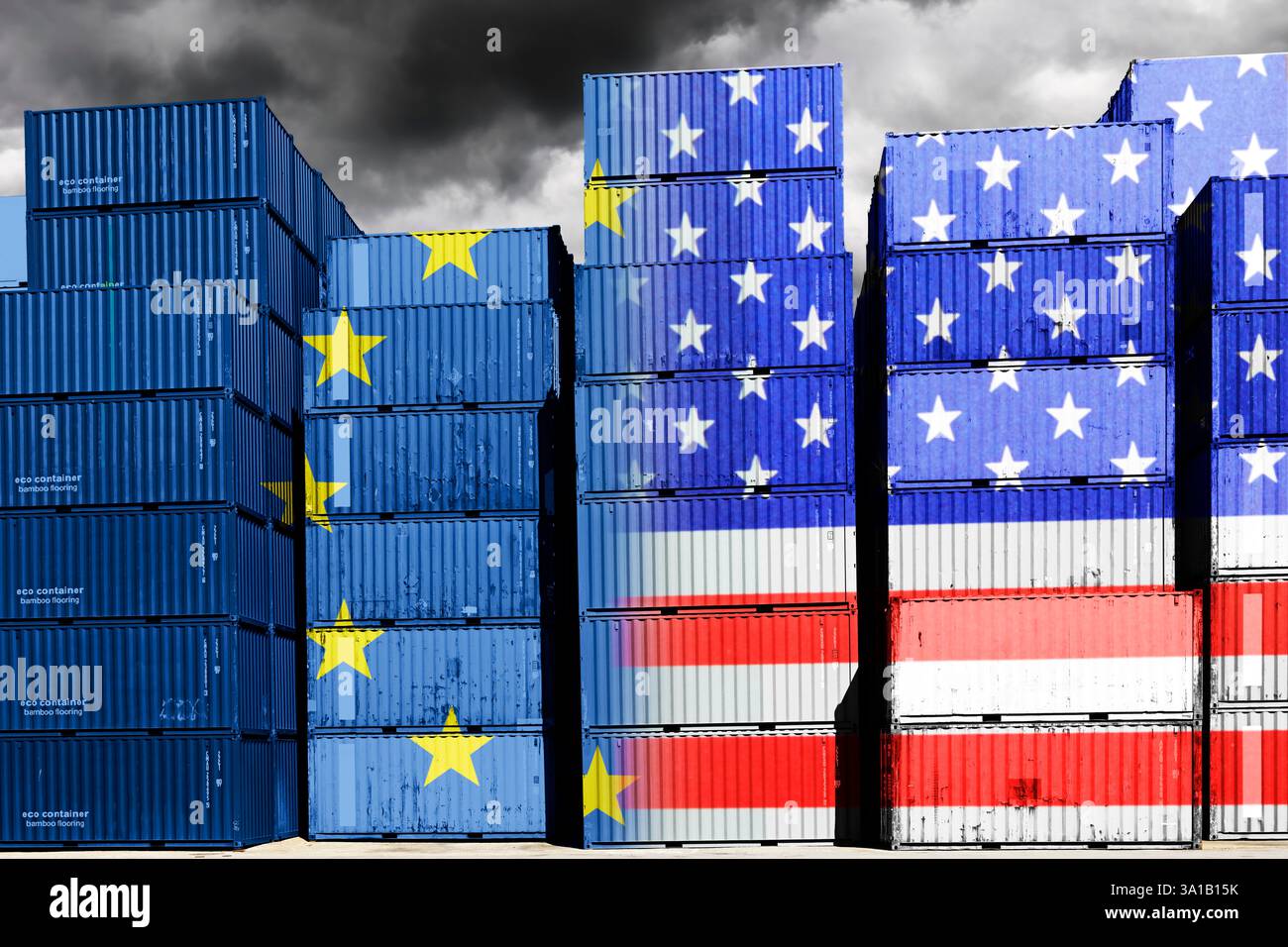 Photomontage, Stacked containers with European and US flags, symbolic ...