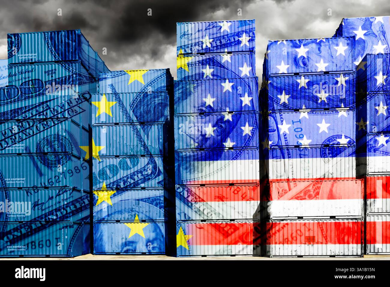Photomontage, stacked containers with European and US flags and dollar ...