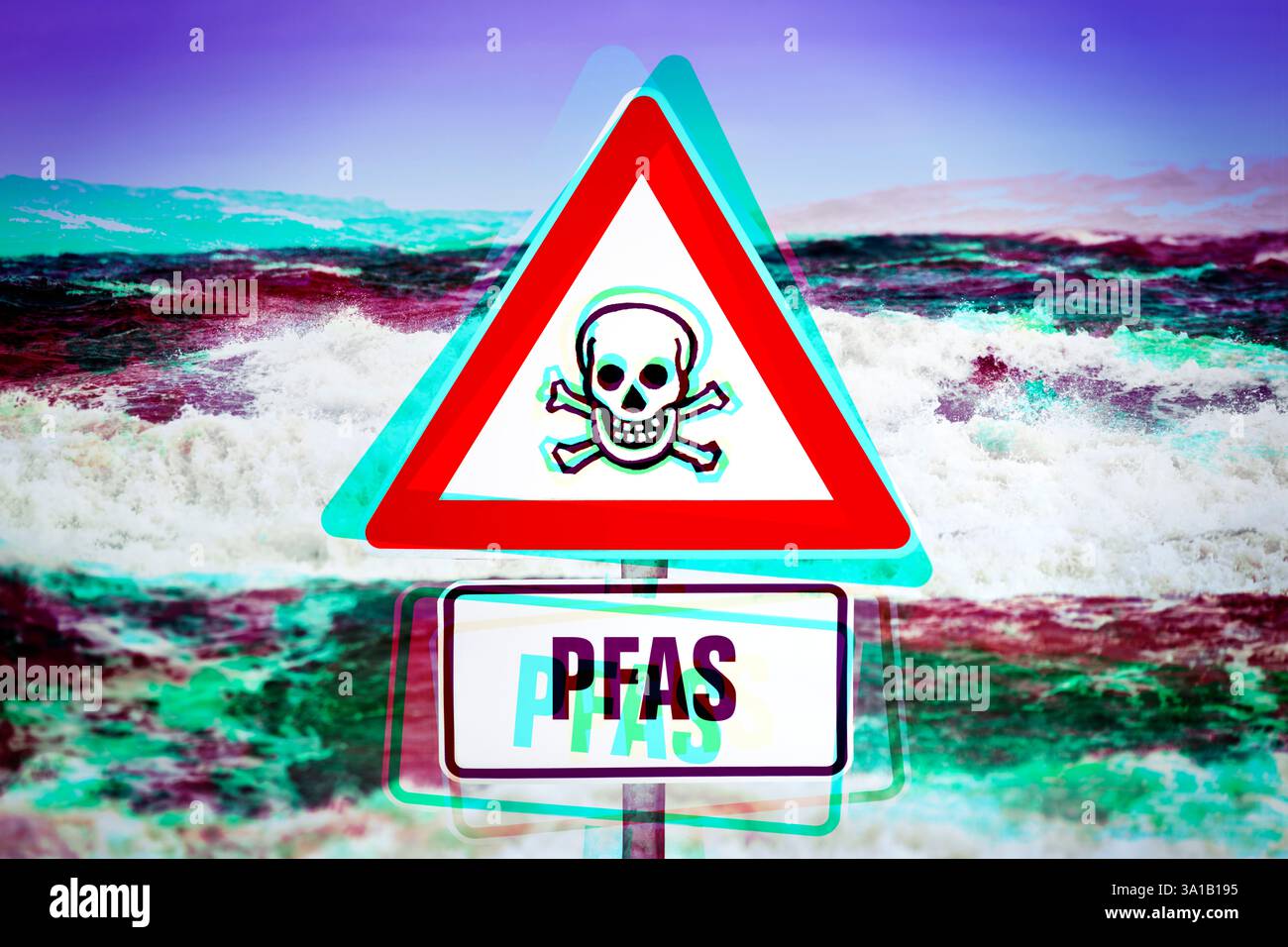 Sign with skull symbol and inscription PFAS before waves, PFAS ...