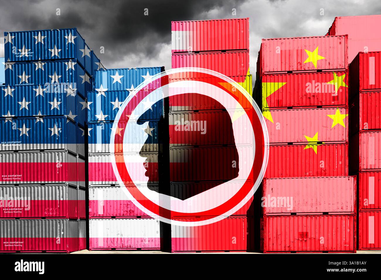 Customs sign with Trump profile in front of stacked containers in us ...