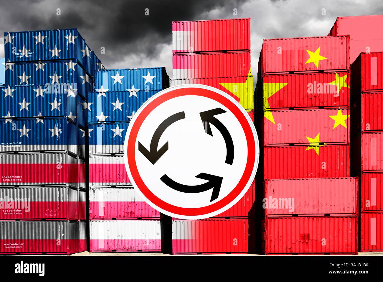 Sign with rotating arrows in front of stacked containers in us and ...