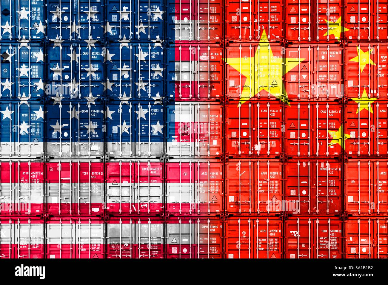 Stacked containers in us and Chinese national colors, symbolic photo ...