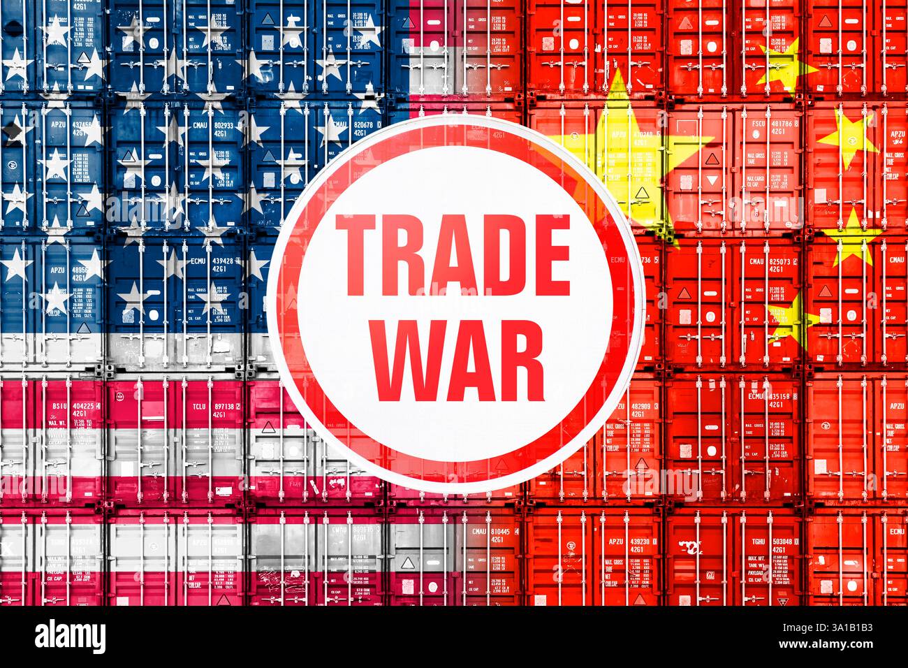 Customs sign with the inscription Trade War in front of stacked ...