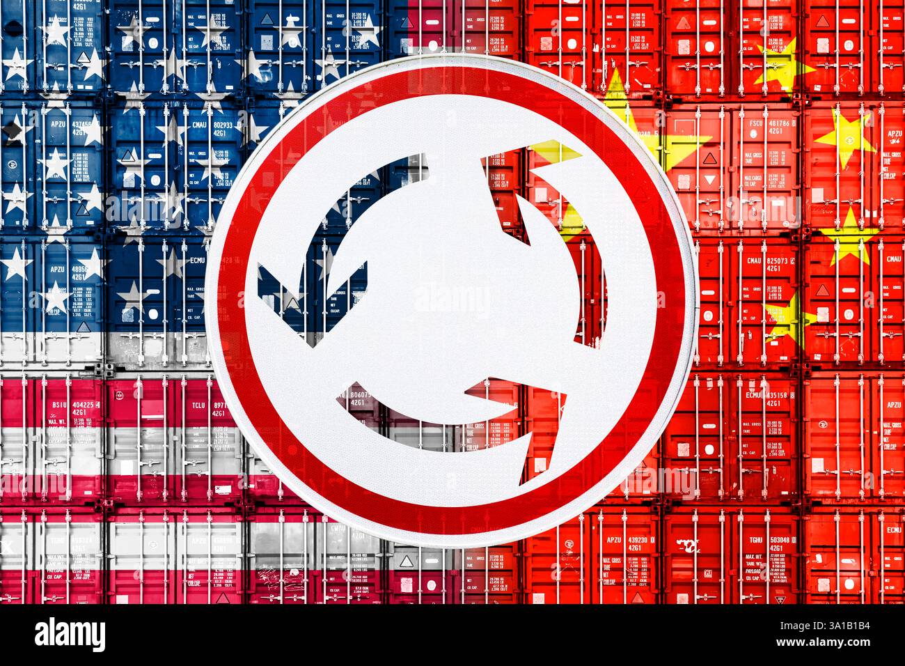 Sign with rotating arrows in front of stacked containers in us and ...