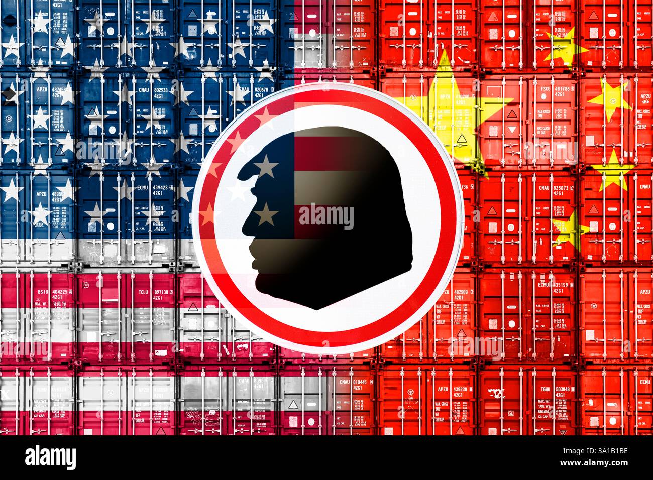 Customs sign with the profile of Donald Trump in front of stacked ...