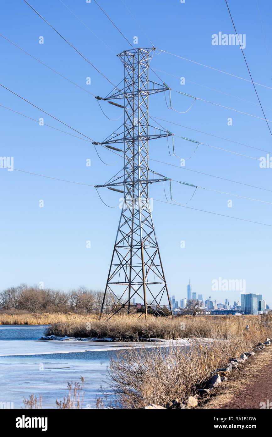 A single towering power pylon dominates the sky, with a diagonal split ...