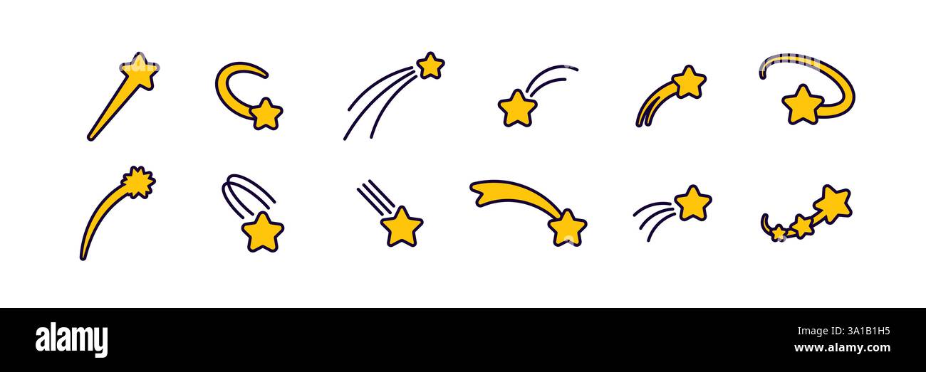 Various hand-drawn yellow shooting stars with black outline in vector ...
