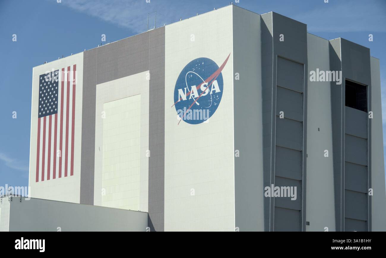 A closeup of the Vehicle Assembly Building (VAB) at the Kennedy Space ...