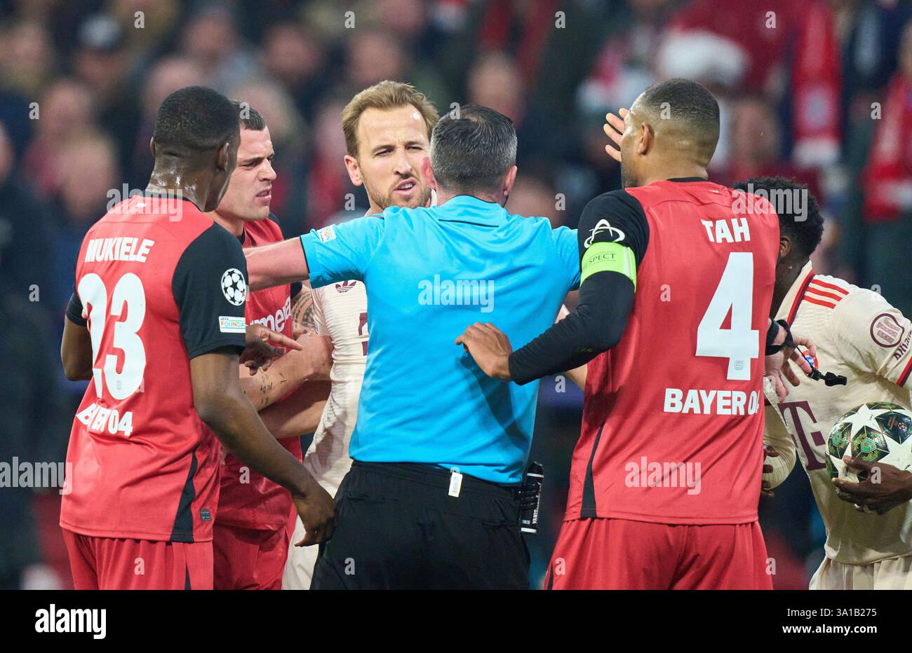 Munich, Germany. 05th Mar, 2025. Harry Kane, FCB 9 Granit Xhaka, Lev 34 Jonathan TAH, Lev 4 ...