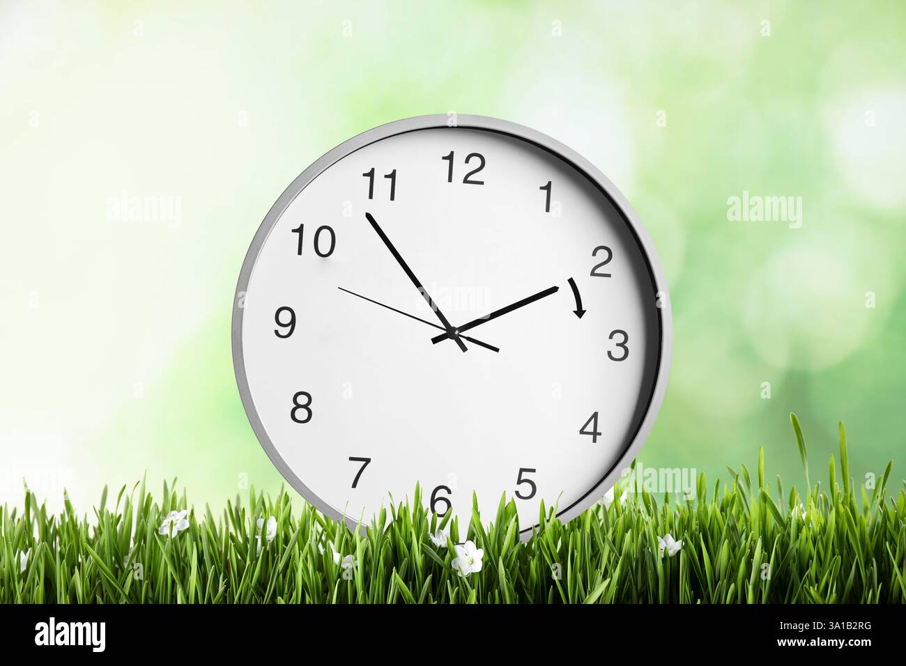 Clock in green grass with flowers. Arrow showing time change one hour ...