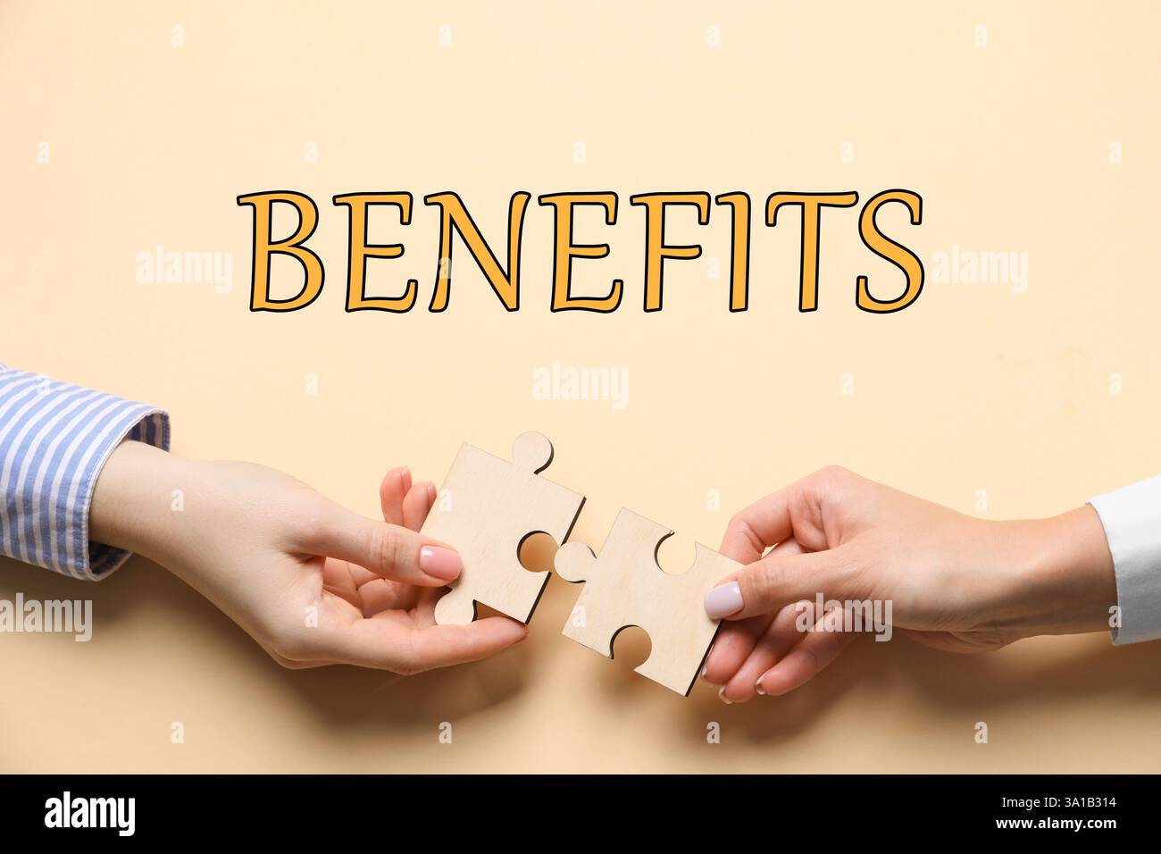 Benefits. Women joining jigsaw puzzle pieces on beige background, top ...