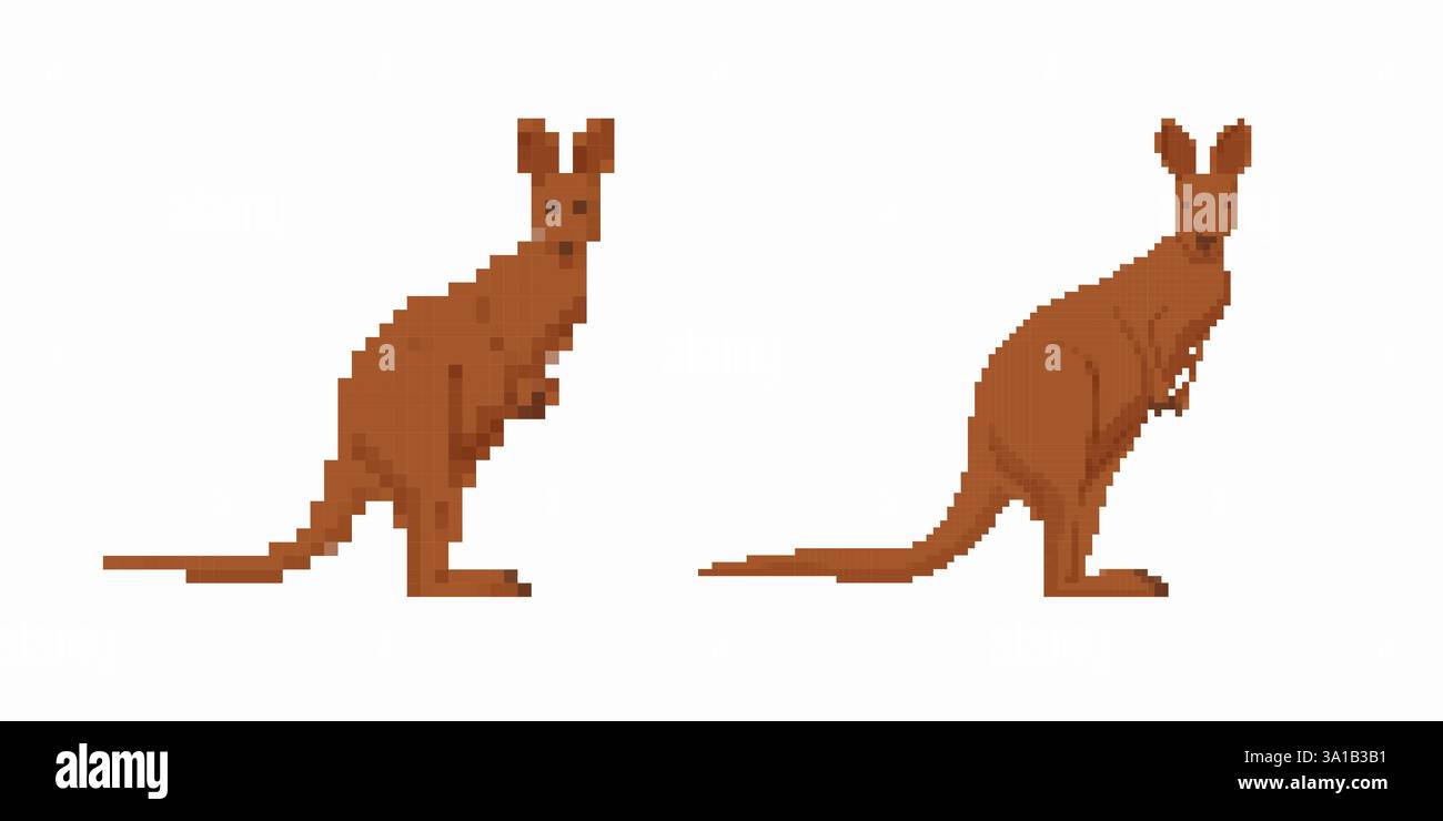 Pixel art kangaroos facing forward with prominent ears and tails detail in brown tones Stock ...