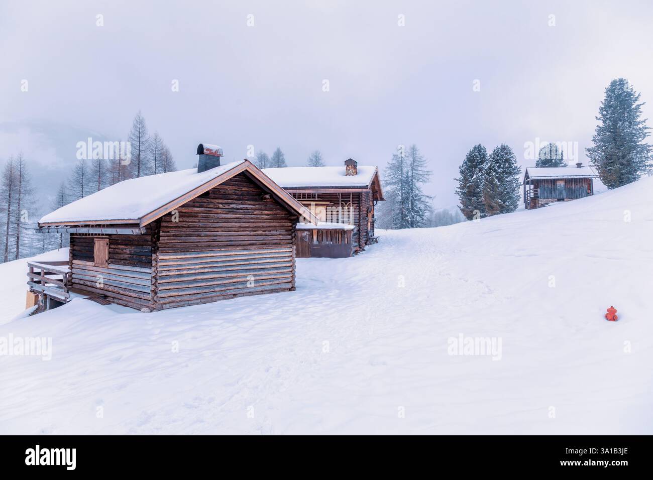 winter landscape, a village of wooden huts in the Dolomites, Valfredda ...