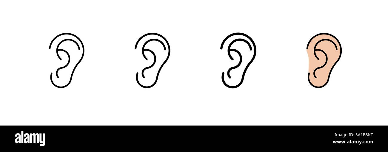 Set of four minimalist ear icons in black outlined and single colored ...