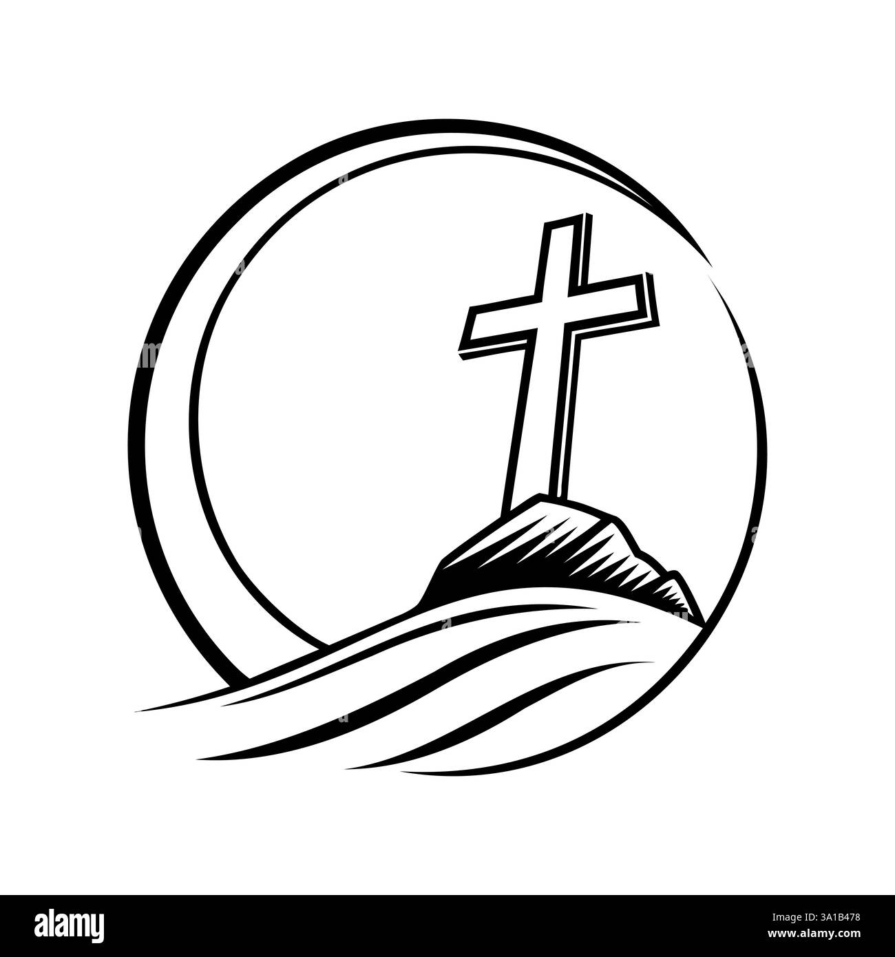 Christian cross icon. Christian cross standing on a hill, inside a ...