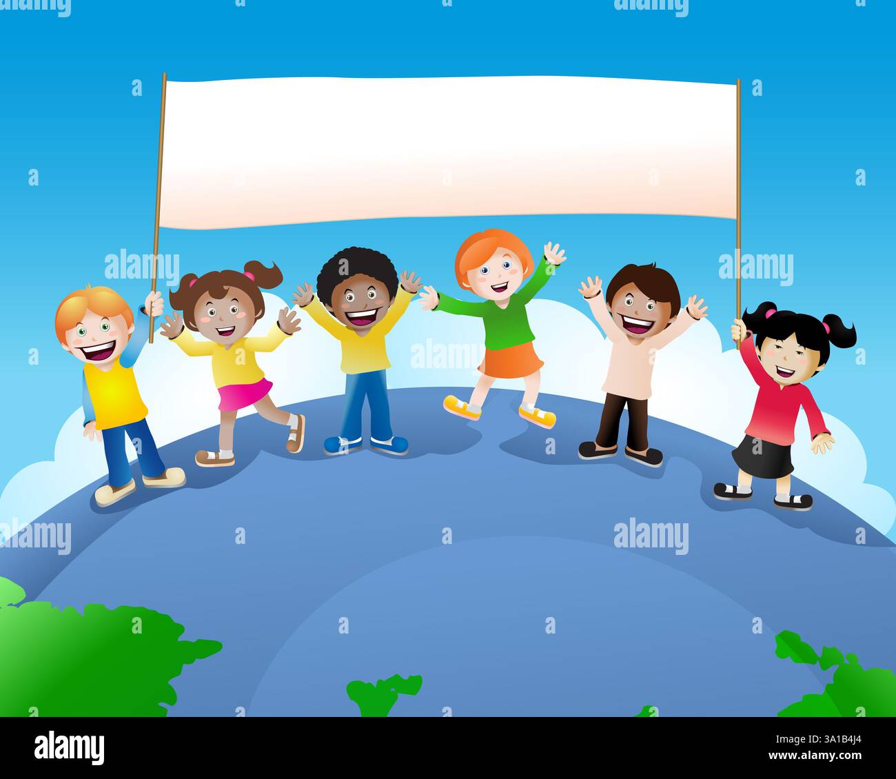 illustration of a multicultural children banner kids on nature ...