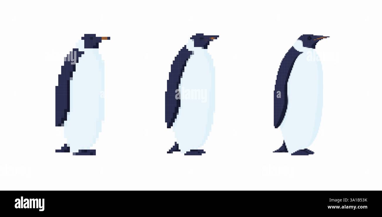 Three pixel art penguins standing in a row with beaks pointing forward ...