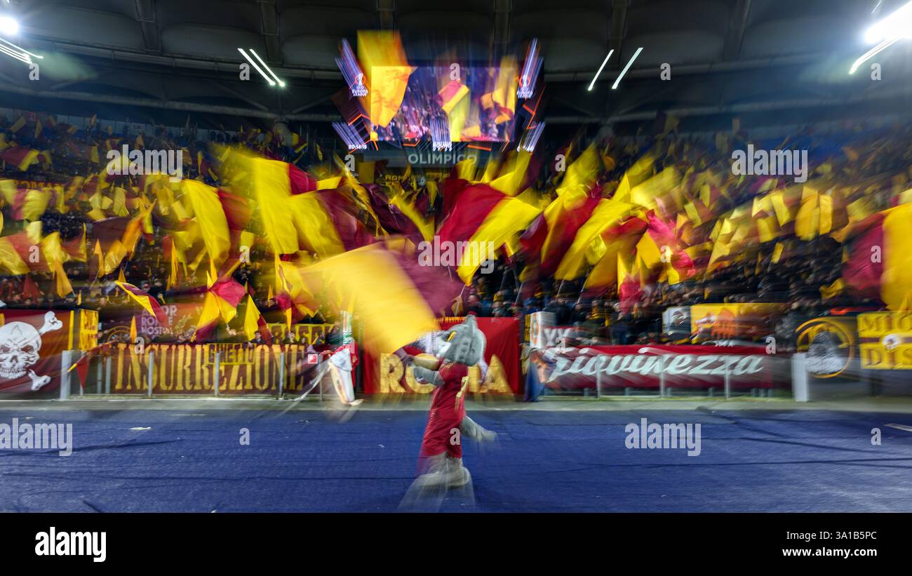 AS Roma mascot Romolo waves a flag as Roma fans cheer on during the ...