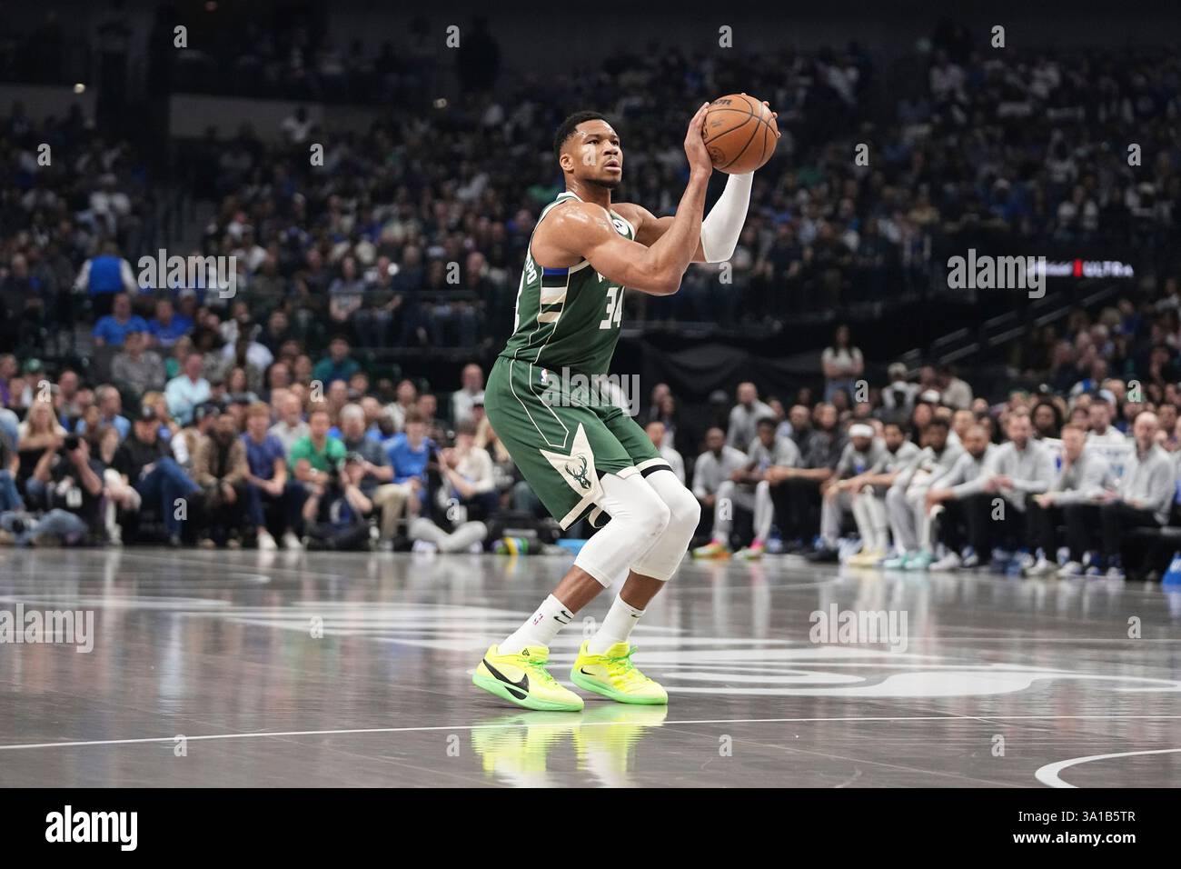 Milwaukee Bucks forward Giannis Antetokounmpo prepares to shoot during an NBA basketball game ...