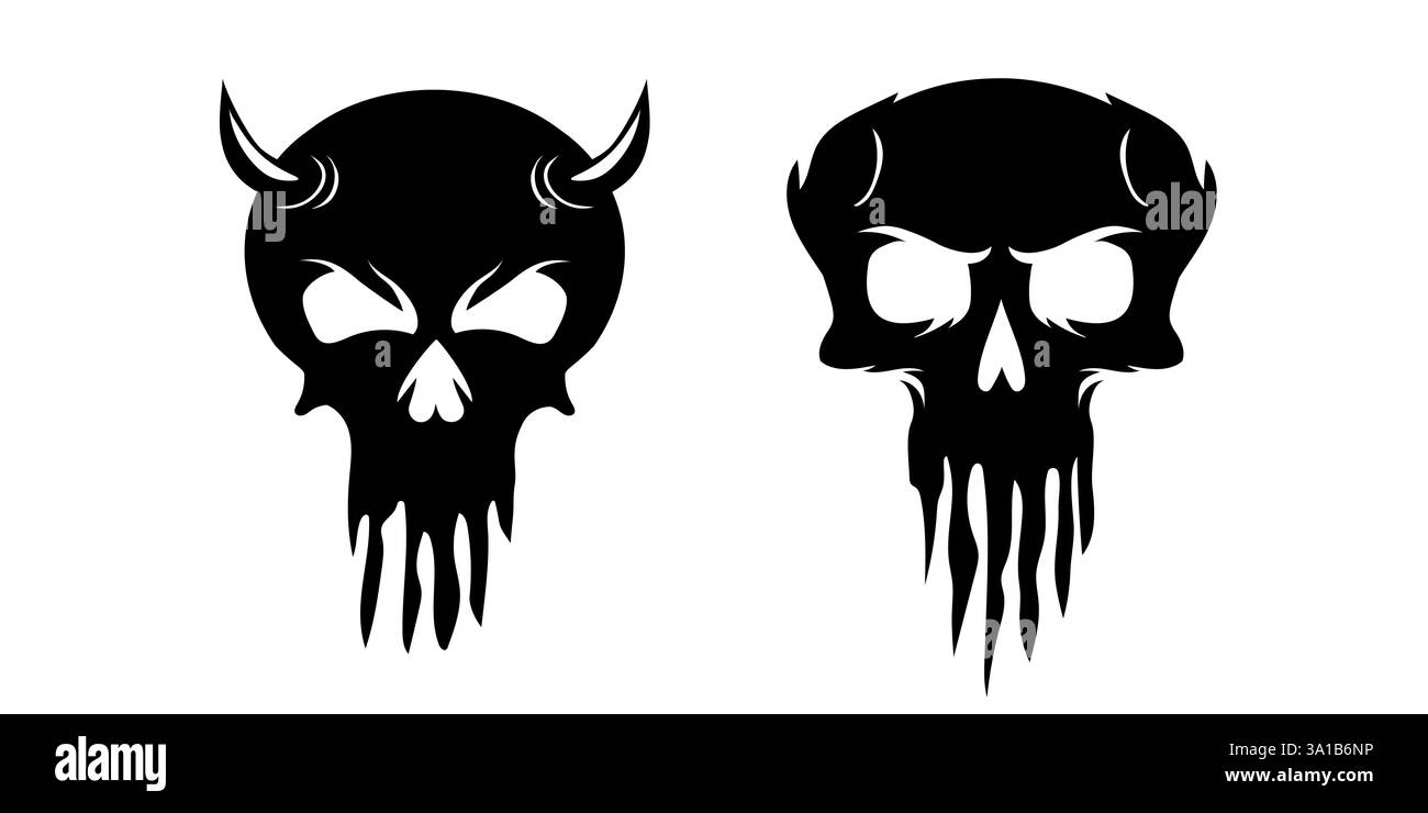 Skeleton face with horns and ink splashes for horror-themed designs ...