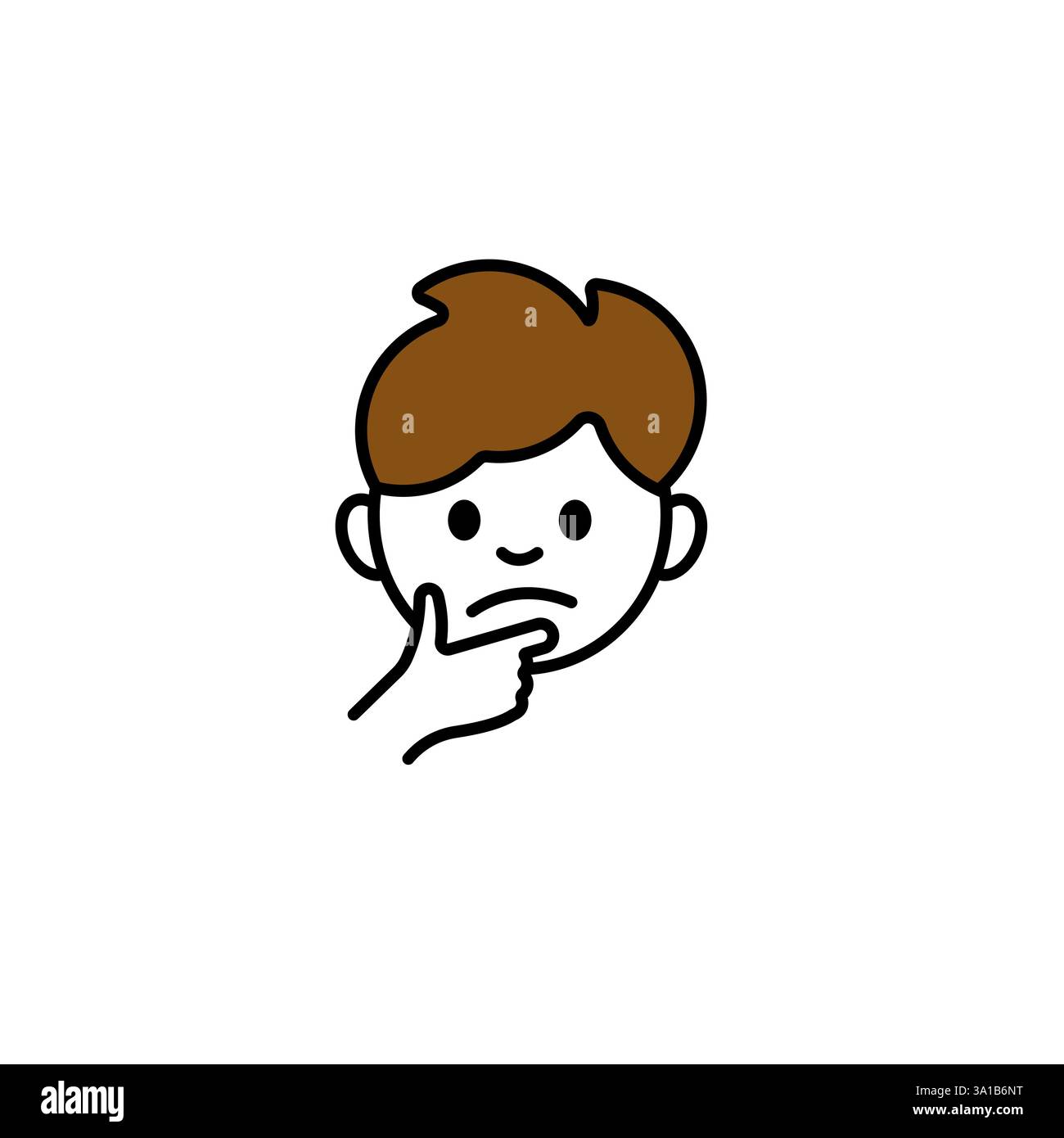 Cartoon boy pondering with hand on chin and expression of ...