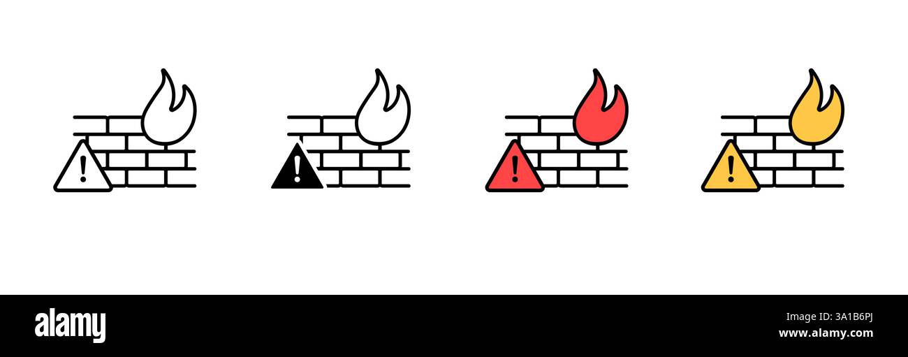 Four symbols representing fire hazard in different colors and styles ...