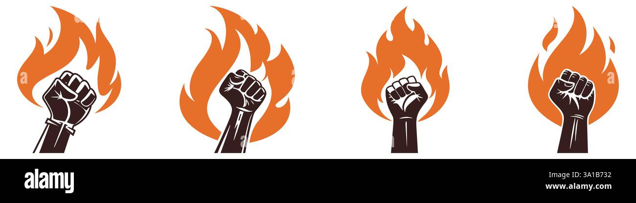 Clenched fist rises amid vibrant flames. Set of icons. Representing ...