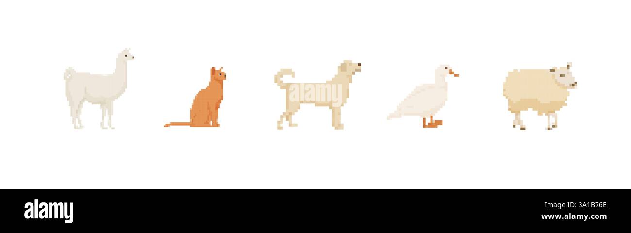 Pixel art animals in a row: llama, cat, dog, duck, and sheep displayed ...