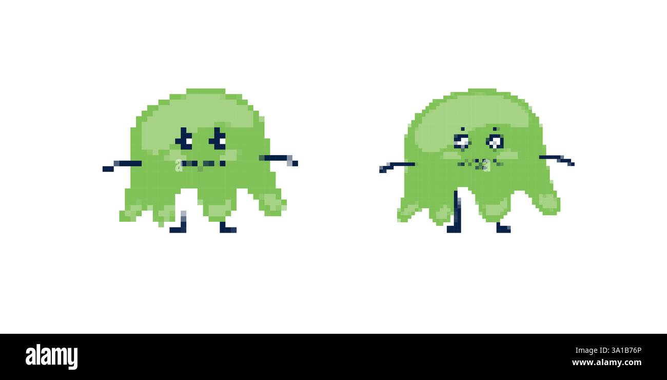 Two cute green aliens with smiling faces and small legs in cartoon ...