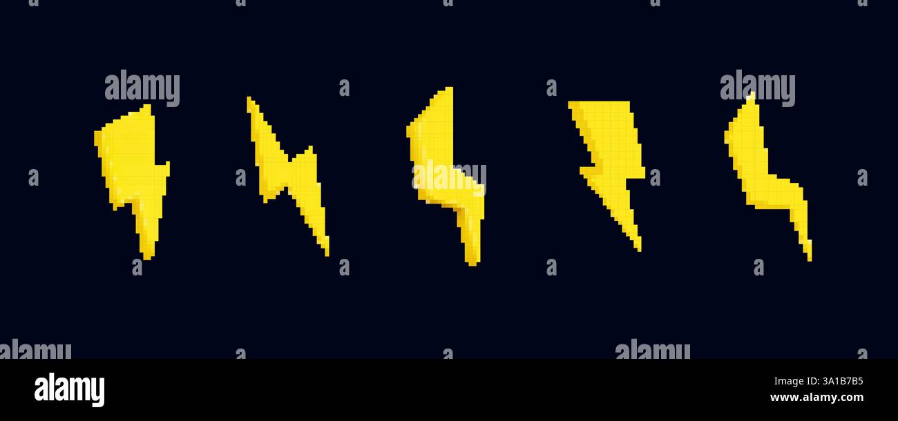 Five simple yellow pixel lightning bolts showing different shapes and ...