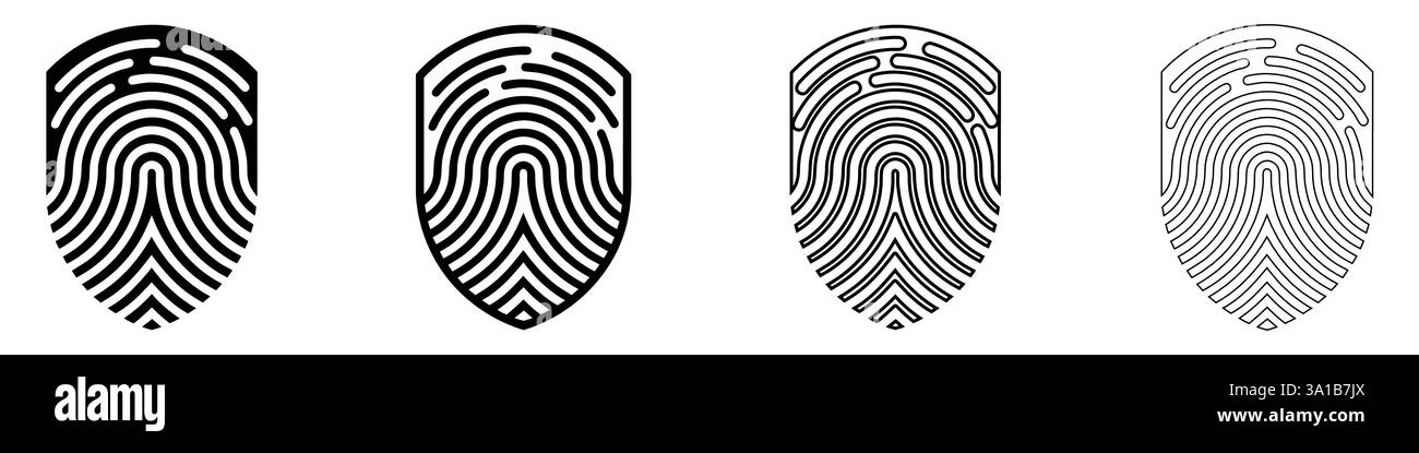 Fingerprint icons set. Black and white shield shaped fingerprint design ...