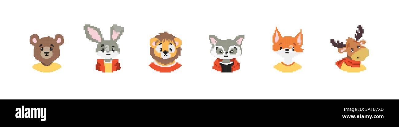 Six cute pixel art animals in colorful clothing with simple detailed ...