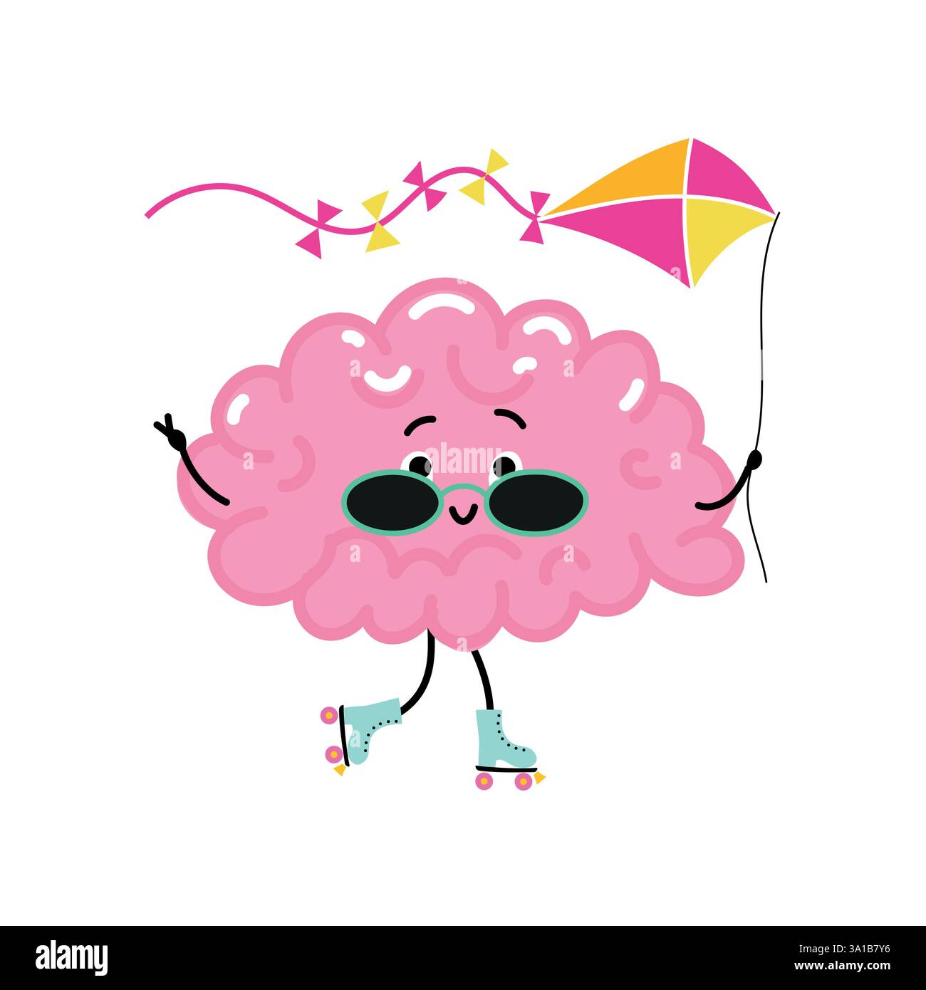 A cheerful, cartoon-style illustration of a pink brain roller-skating ...