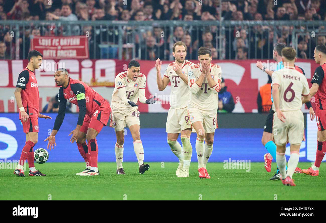 Munich, Germany. 05th Mar, 2025. Jamal MUSIALA, FCB 42 Leon GORETZKA, FCB 8 Harry Kane, FCB 9 ...