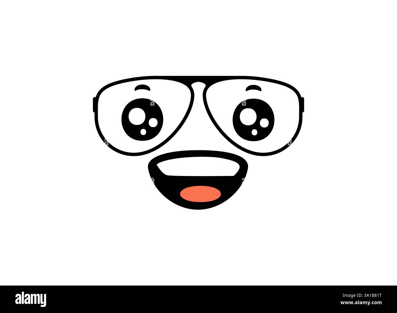Cartoon face with big happy eyes and glasses smiling brightly with ...