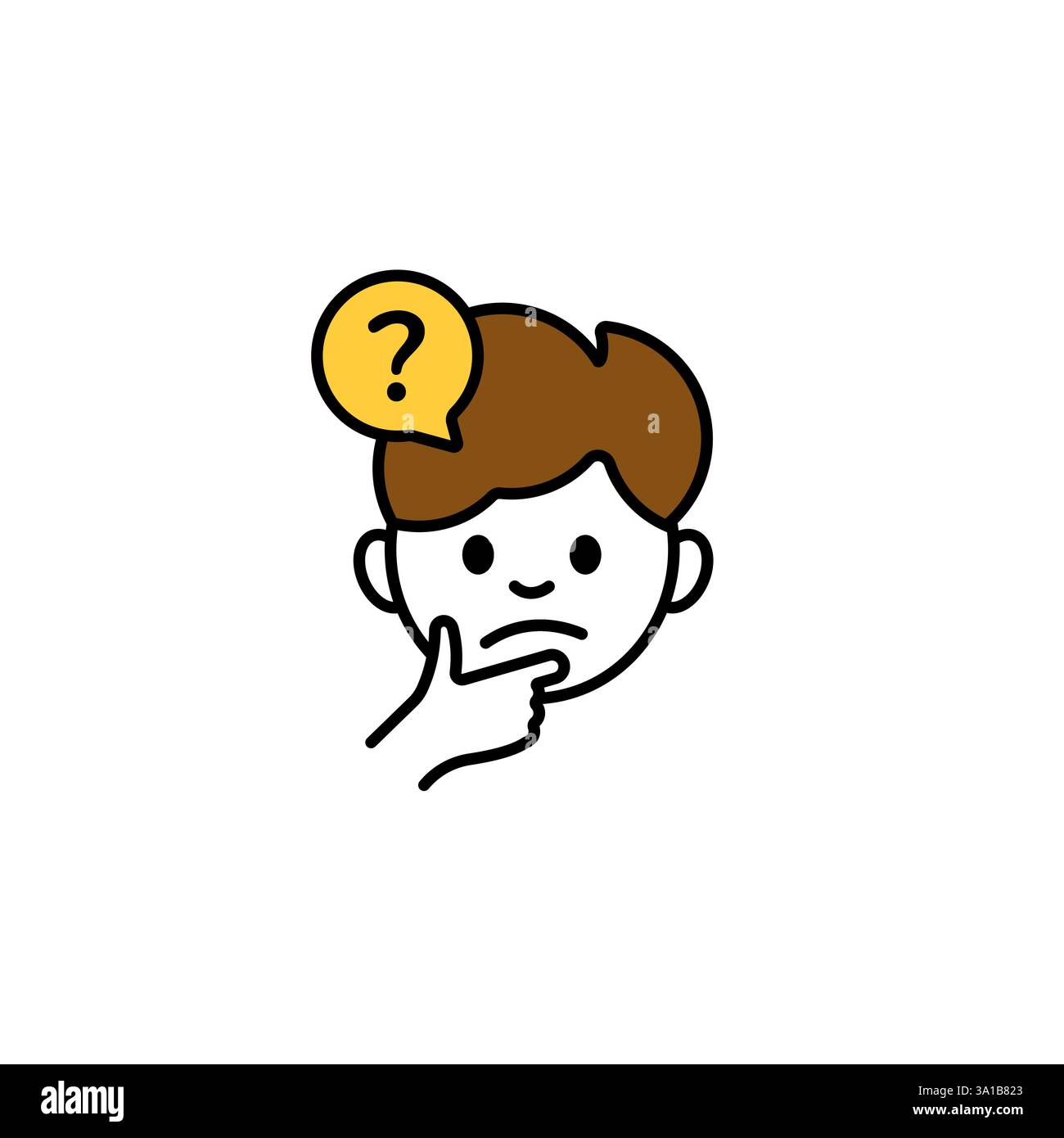 Puzzled cartoon character with hand on chin and yellow question mark ...