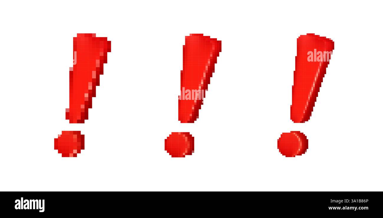 Pixelated red exclamation marks with glossy effect, bold digital ...