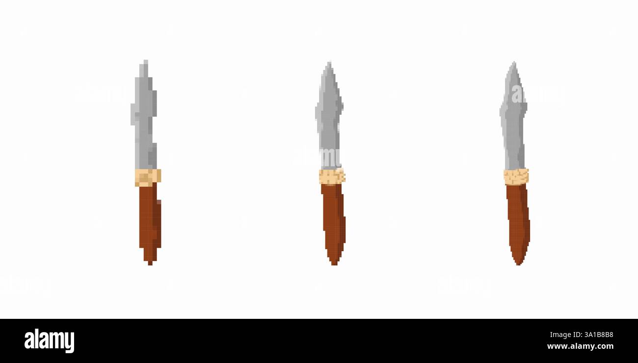 Set of three pixel art swords with wooden handles and silver blades in ...