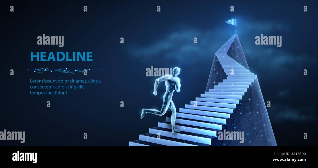 Man running up the stairs. Career path, digital technology, step to ...