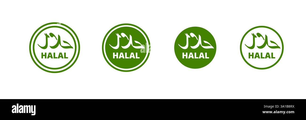 Four green halal symbols in circles displaying arabic text for ...