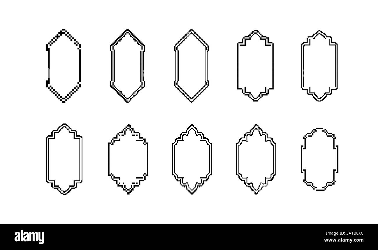 Collection of ten unique pixel art frames with various geometric shapes and decorative edges ...